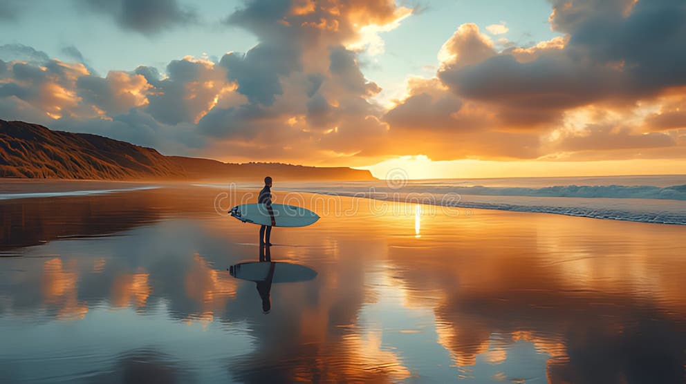 Surfer Sunset Beach Ocean Reflection Wave Stock Illustrations – 785 ...