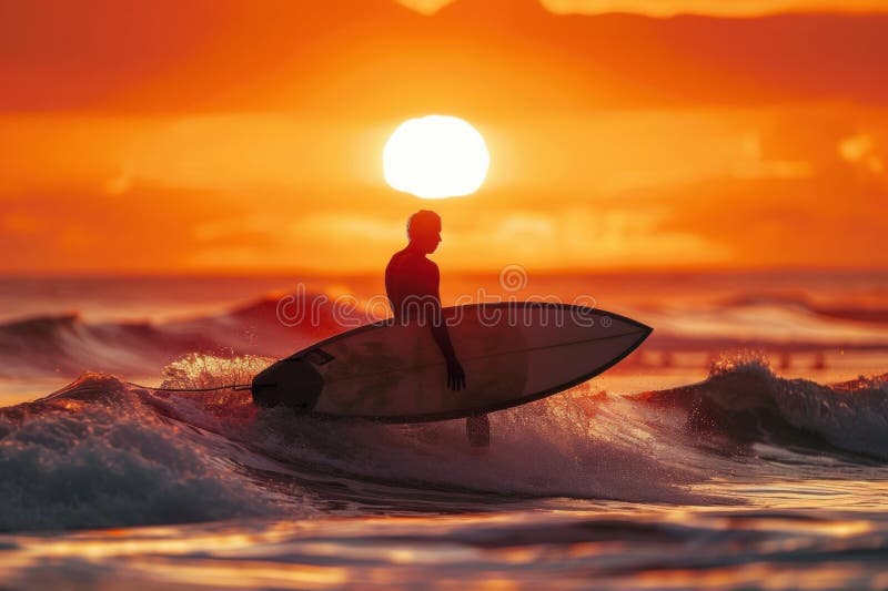 Surfer at Sunset with Bright Orange Sky and Waves Crashing Around Him ...