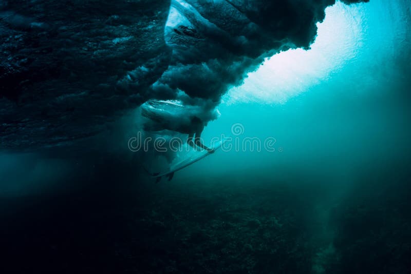 Surfer with Surfboard Dive Underwater with Under Big Wave. Stock Image ...