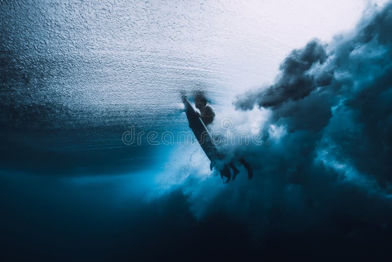 Surfer with Surfboard Dive Underwater with Under Ocean Wave. Stock ...