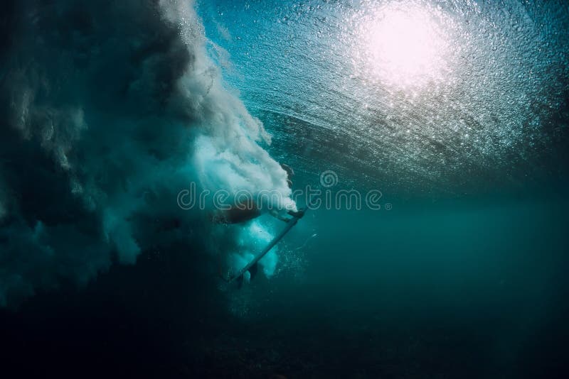 Surfer with Surfboard Dive Underwater with Under Wave Stock Image ...