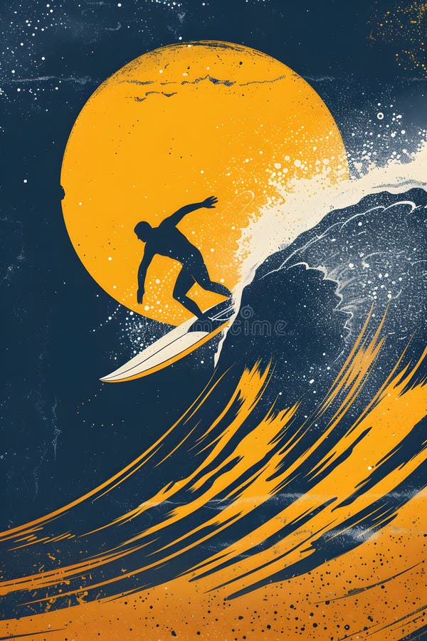 Surfer on Surfboard Rides Wind Wave Under Full Moon Stock Image - Image ...