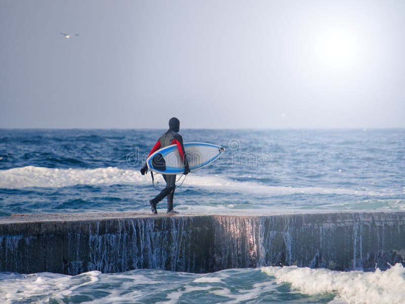 Surfer Walks into Ocean Wearing a Wetsuit in Winter Stock Photo - Image ...