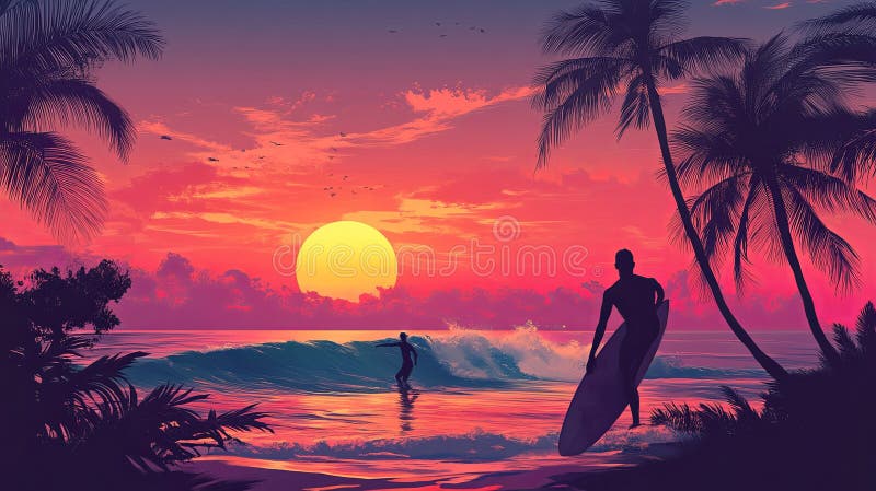 Surfer at Tropical Beach, Sunset Backdrop.. Stock Photo - Image of palm ...