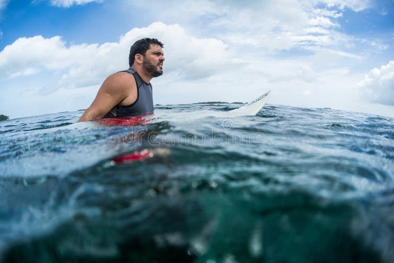 Surfer Waits the Wave on Line Up with Surf Board Stock Photo - Image of ...