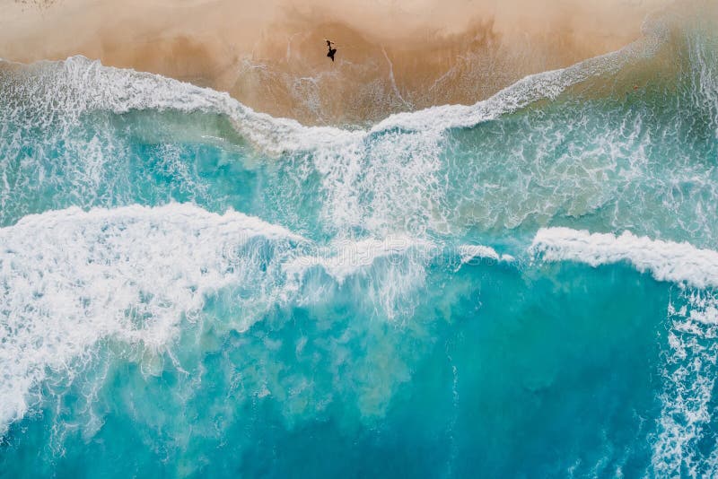 Surfer Walk on Beach with Blue Ocean and Waves. Aerial View Stock Image ...