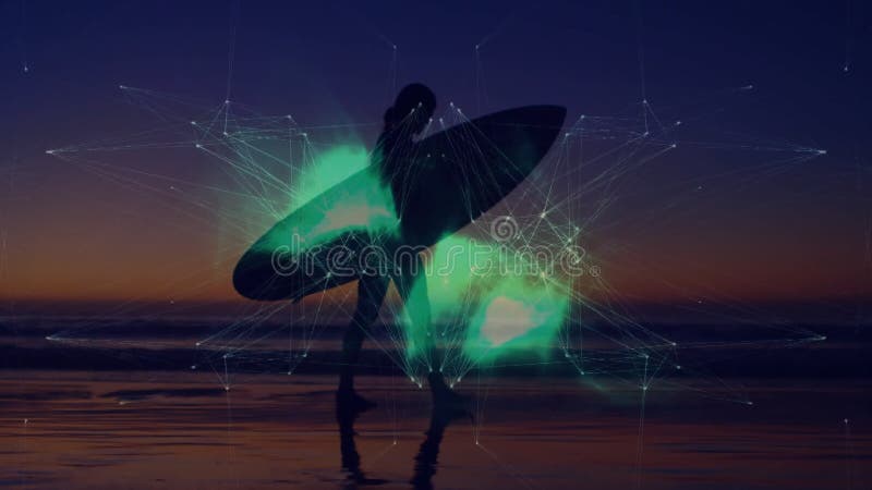 Surfer Walking on Beach with Digital Network Animation Overlay at ...