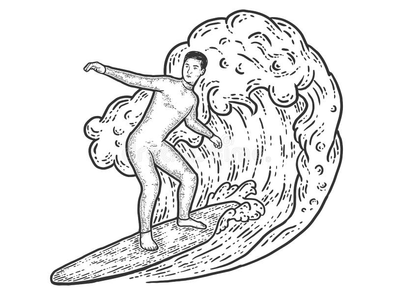 Surfer on the Wave. Sketch Scratch Board Imitation. Black and White ...