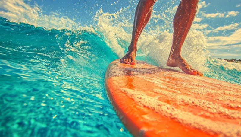 A Surfer with Wax-covered Feet Maneuvers Skillfully on a Wave ...