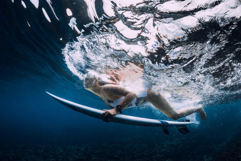 Surfer Woman with Surfboard Dive Underwater with Wave Stock Photo ...