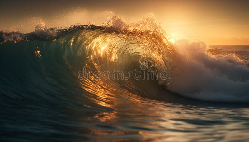 Surfers Ride Waves, Spray Splashing in Sun Generated by AI Stock Photo ...