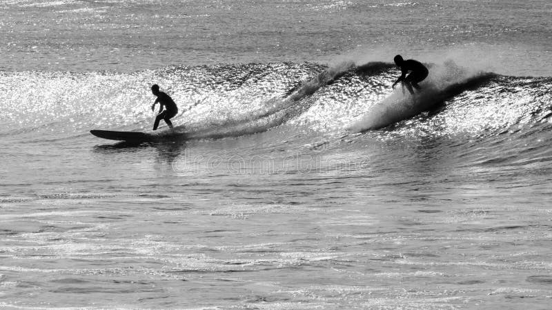 Surfers Riding the Wave in Distance in the Morning Light Stock Photo ... Surfers Riding the Wave in Distance in the Morning Light Stock Photo ...