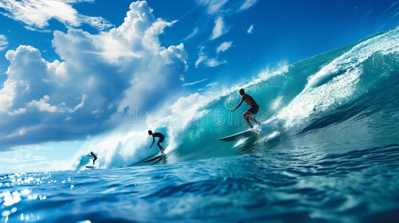 Surfers Riding the Waves in a Bright Blue Ocean, with Dynamic Splashes ...