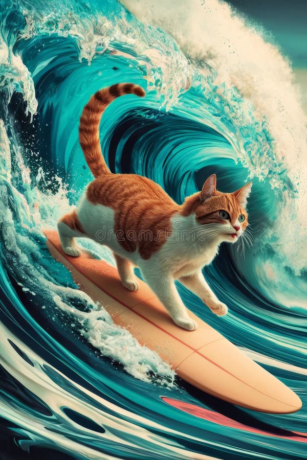 Surfing Cat Riding a Giant Wave in a Vibrant Ocean Scene Stock Image ...