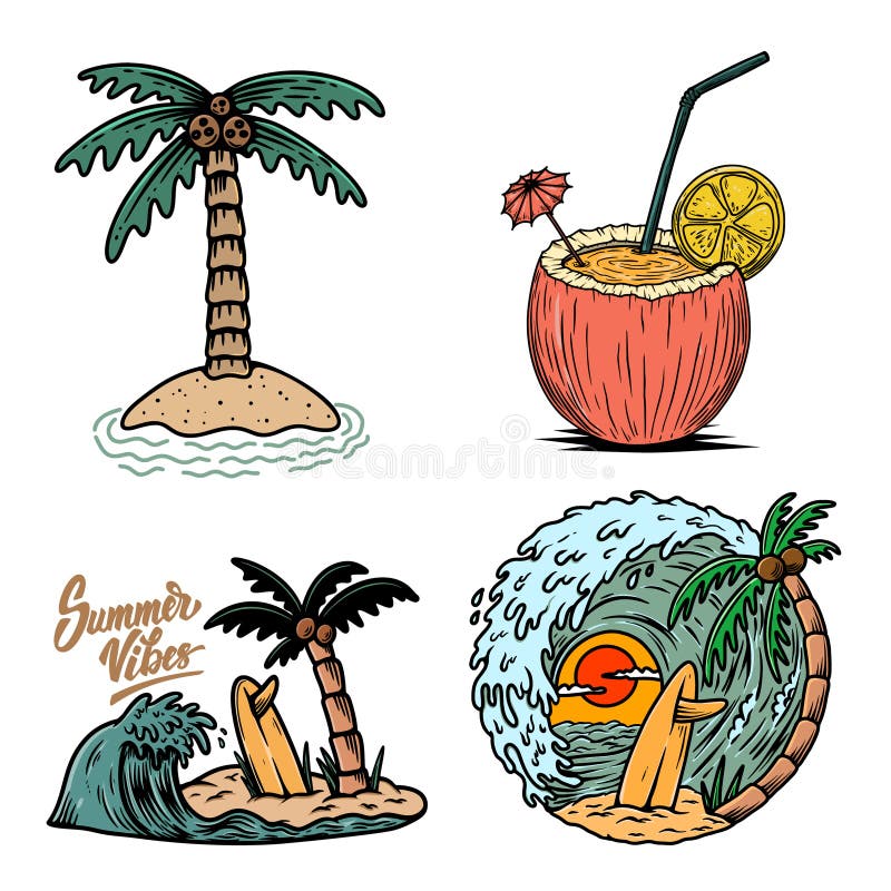 Surfing Deck, Wave and Tropical Beach. Design Element for Poster, Card ...