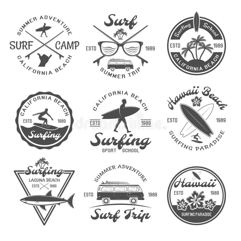 Vintage surfing logos set stock vector. Illustration of beach - 142453840