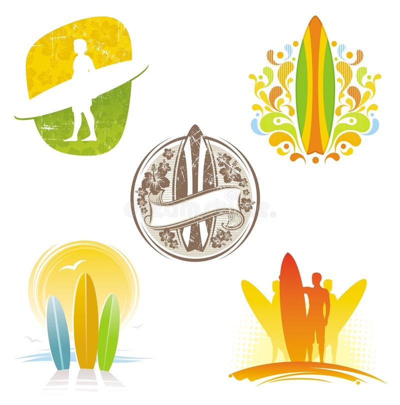 Surfing Emblems & Labels Stock Vector - Illustration of floral ...
