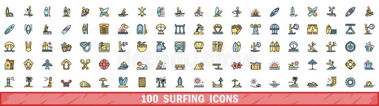 100 Surfing Icons Set, Color Line Style Stock Vector - Illustration of ...