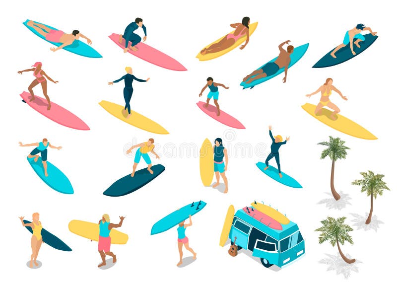 Surfing Isometric Set stock vector. Illustration of isolated - 172377040