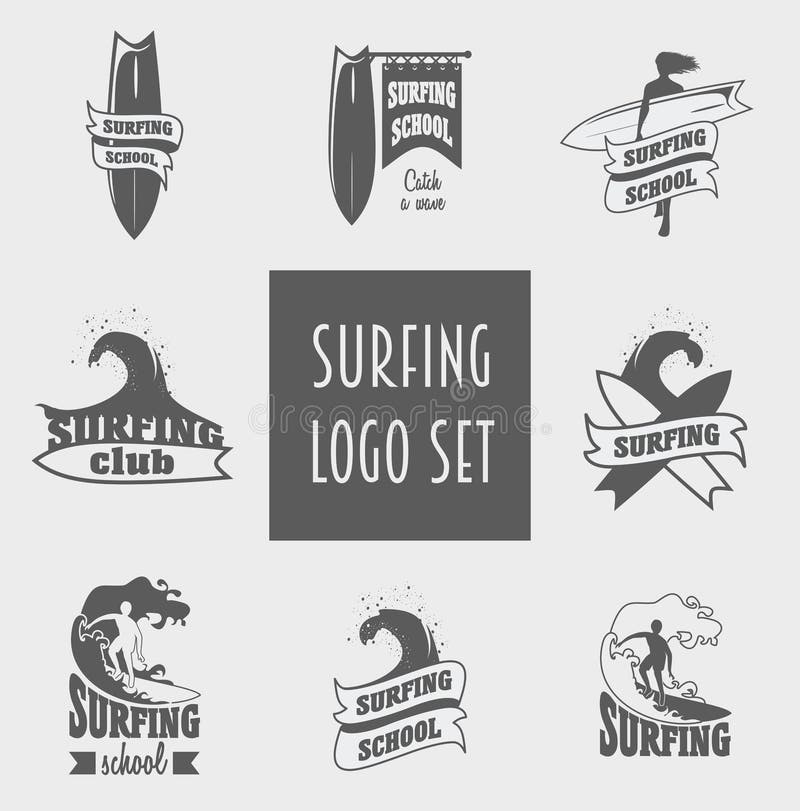 Surfing Labels and Design Elements with Surfer, Wave and Surfboard ...