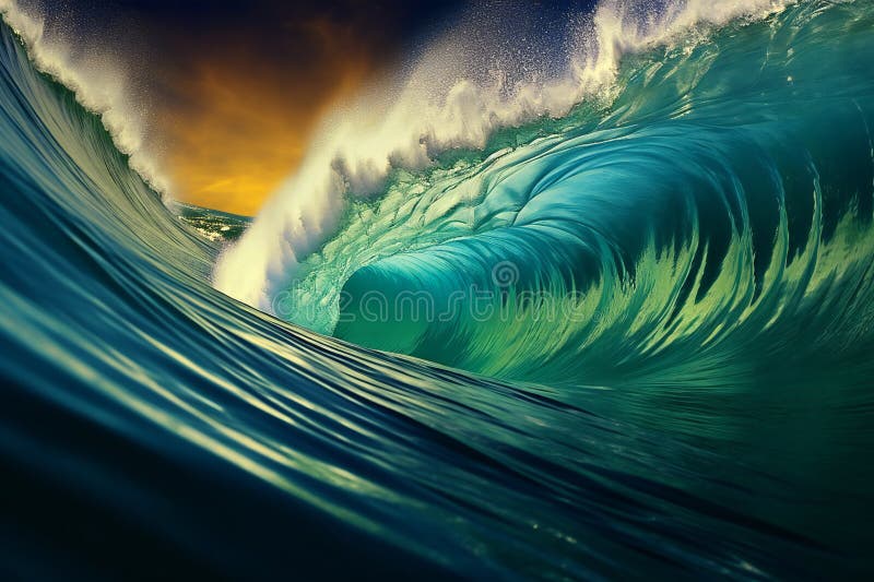 Surfing Ocean Wave at Sunset, Blue Ocean Wave with Motion Blur Effect ...