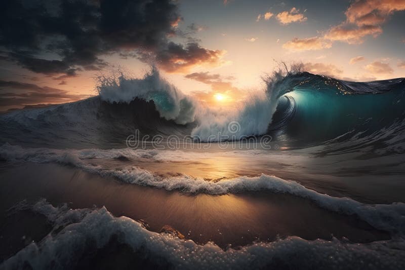 Surfing Ocean Wave at Sunset. 3d Render of Sea Wave Stock Illustration ...