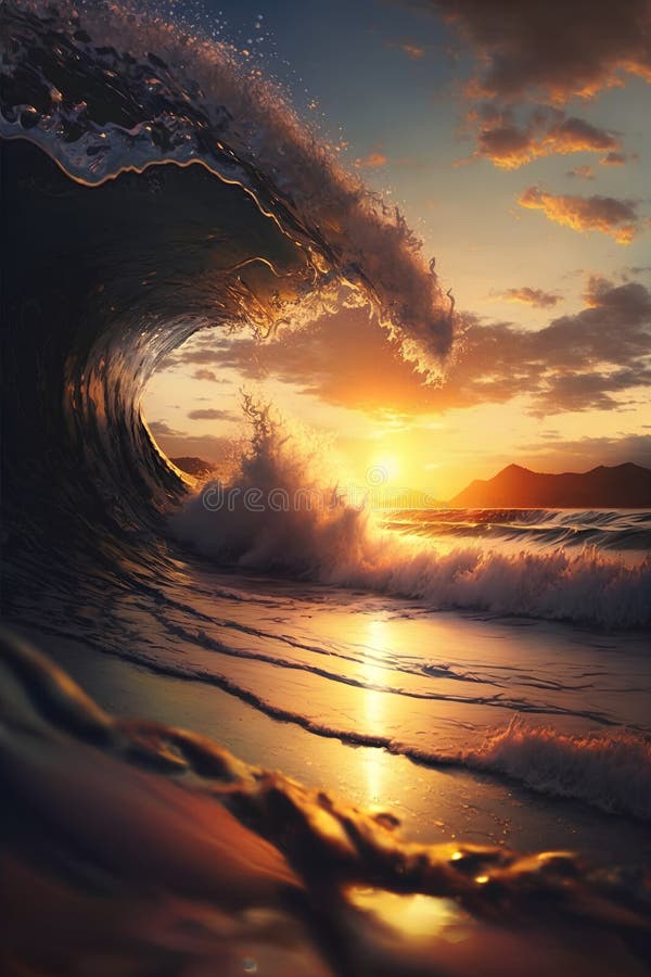 Surfing Ocean Wave at Sunset. 3d Rendering. Computer Digital Drawing ...