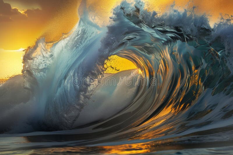 Surfing Ocean Wave at Sunset. 3D Rendering Effect Stock Illustration ...