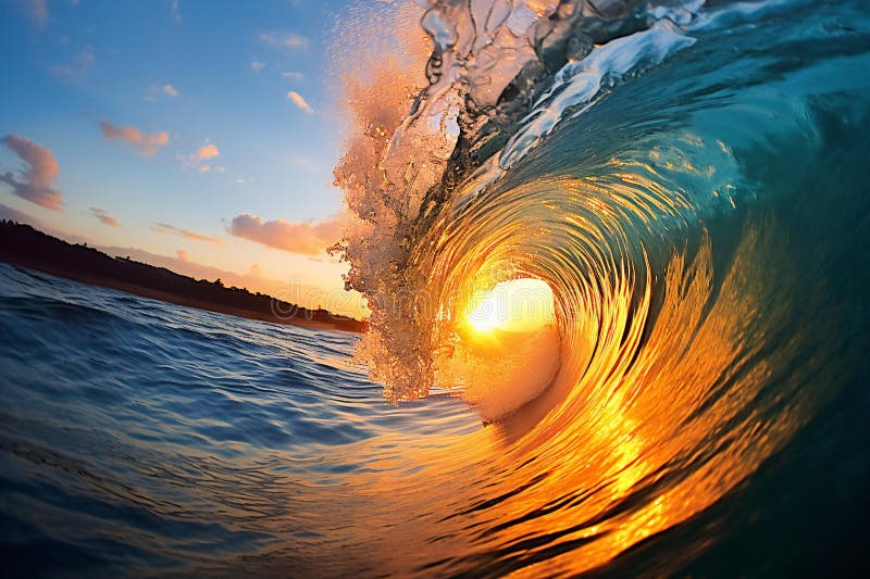 Surfing Ocean Wave at Sunset Time, Breaking Wave with Sun Reflection ...