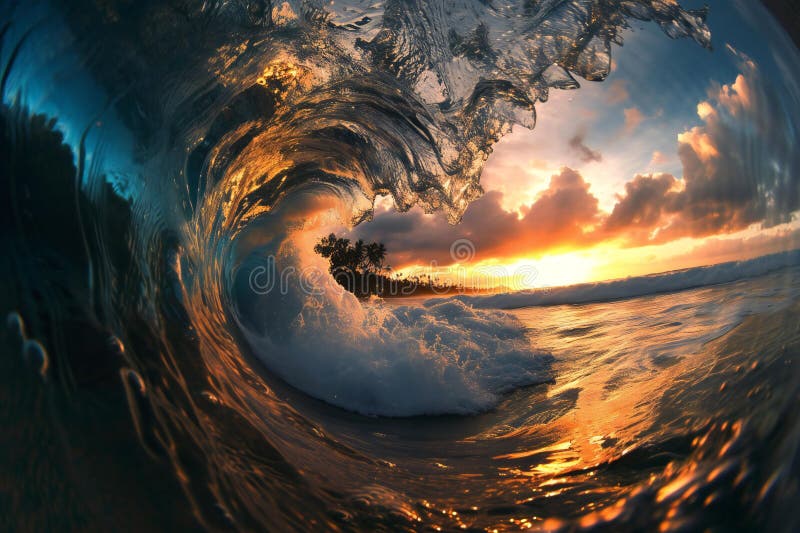 Surfing Ocean Wave at Sunset Time with Reflection on Water Surface ...