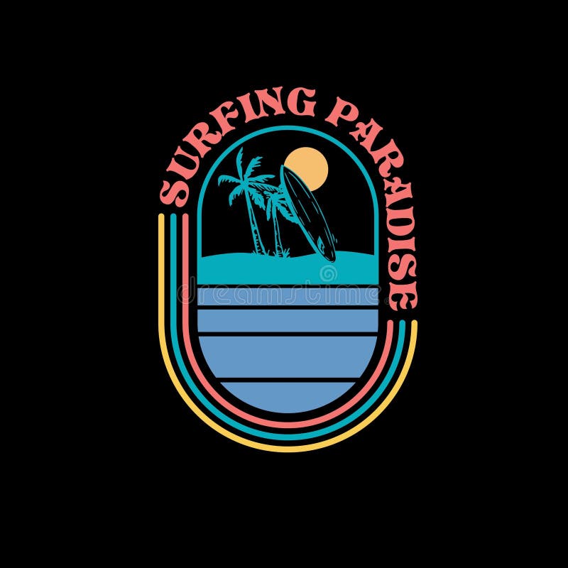 Surfing Paradise Summer Sunset Palm Tree Graphic Design Stock Vector ...