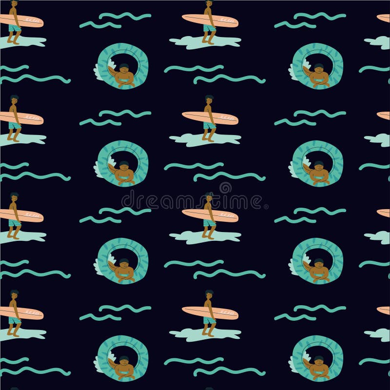 Surfing Pattern with Female Surfer and Ocean Waves Stock Vector ...