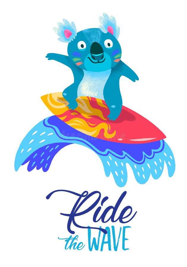 Surfing Print Design with Hand Drawn Koala Surfer Stock Illustration ...