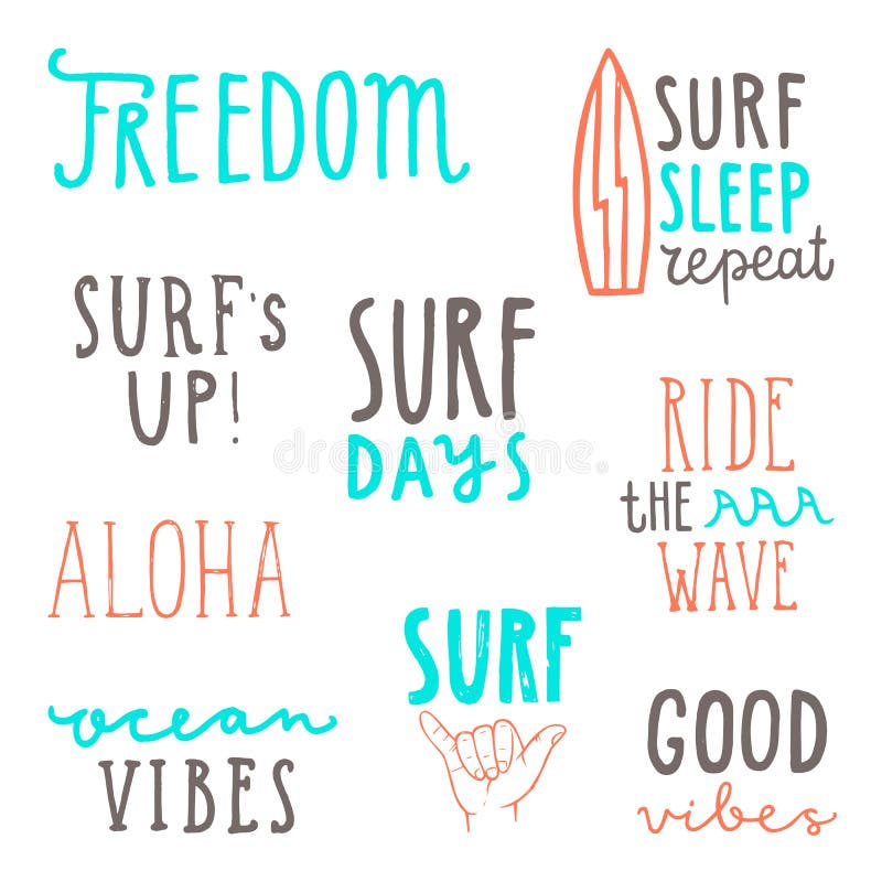 Set of Surfing Quotes. Hand Drawn Lettering Stock Vector - Illustration ...