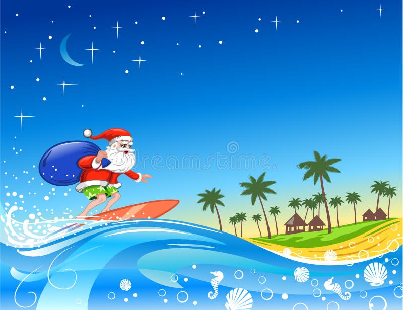 Surfing Santa with Gifts stock vector. Illustration of ocean - 25721722