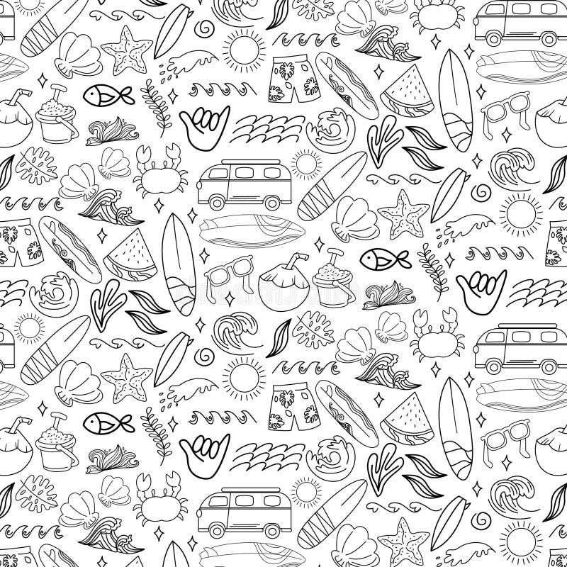 Surfing Summer Beach Doodle Hand Drawn Seamless Pattern Stock Vector ...