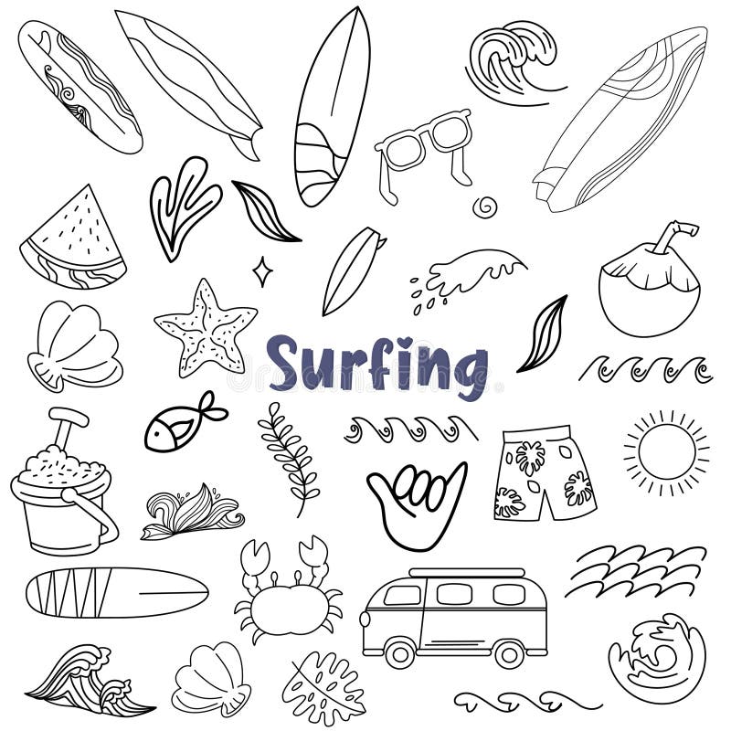 Surfing Summer Beach Doodle Hand Drawn Vector Set Stock Vector ...