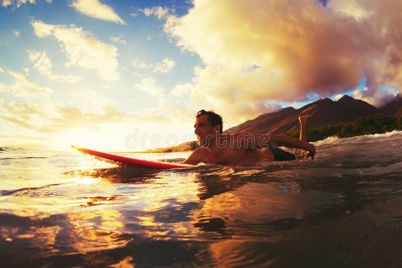 Surfer Girl Surfing Looking at Ocean Beach Sunset Stock Image - Image ...