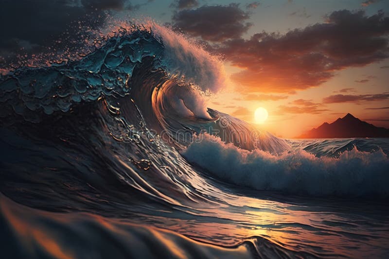 Surfing Wave at Sunset. 3D Render of a Beautiful Ocean Wave Stock ...