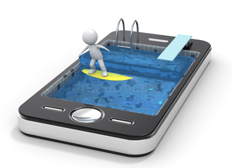 Surfing with Your Mobile Phone. 3D Little Human Ch Stock Illustration ...