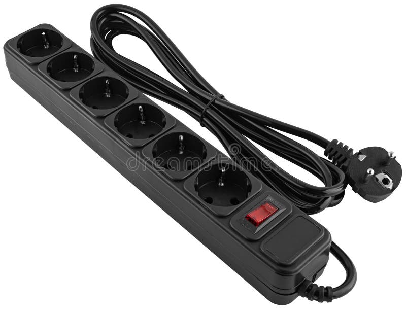 A Surge Protector with an Extension Cord, Black in Color, on a White ...
