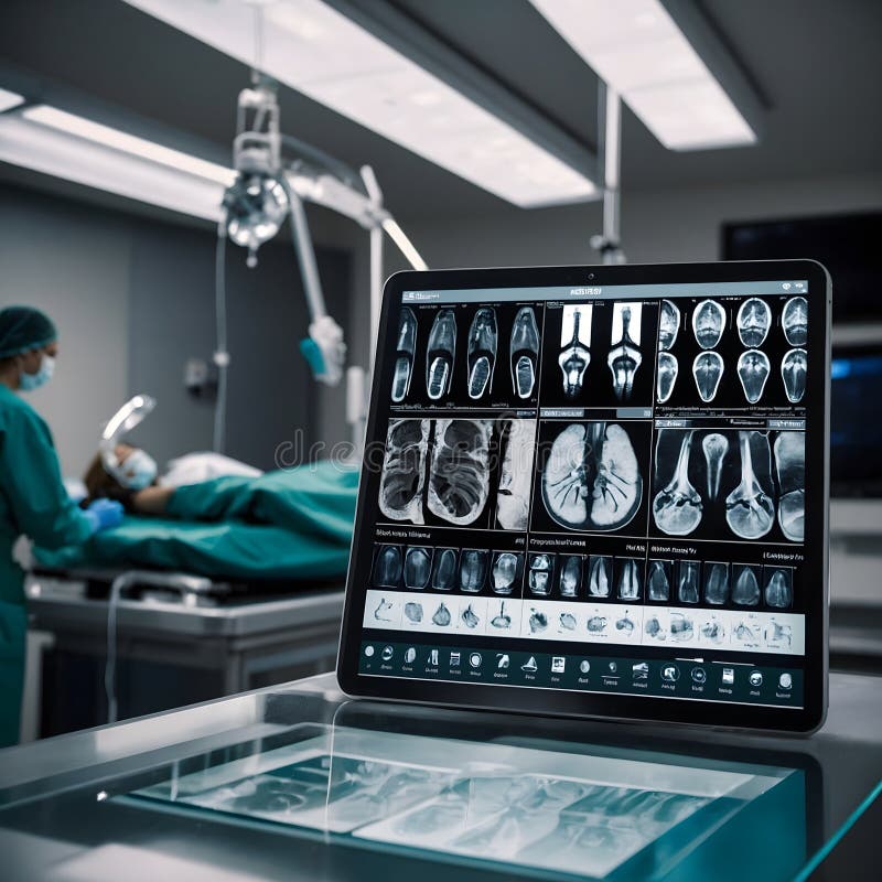 Surgeon Analyzing X-ray on Digital Tablet in Advanced High-Tech ...