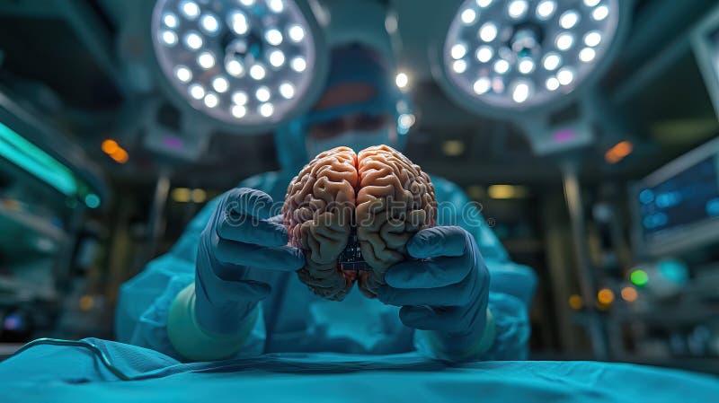 Surgeon Holding a Detailed Brain Model Under Bright Surgical Lights in ...