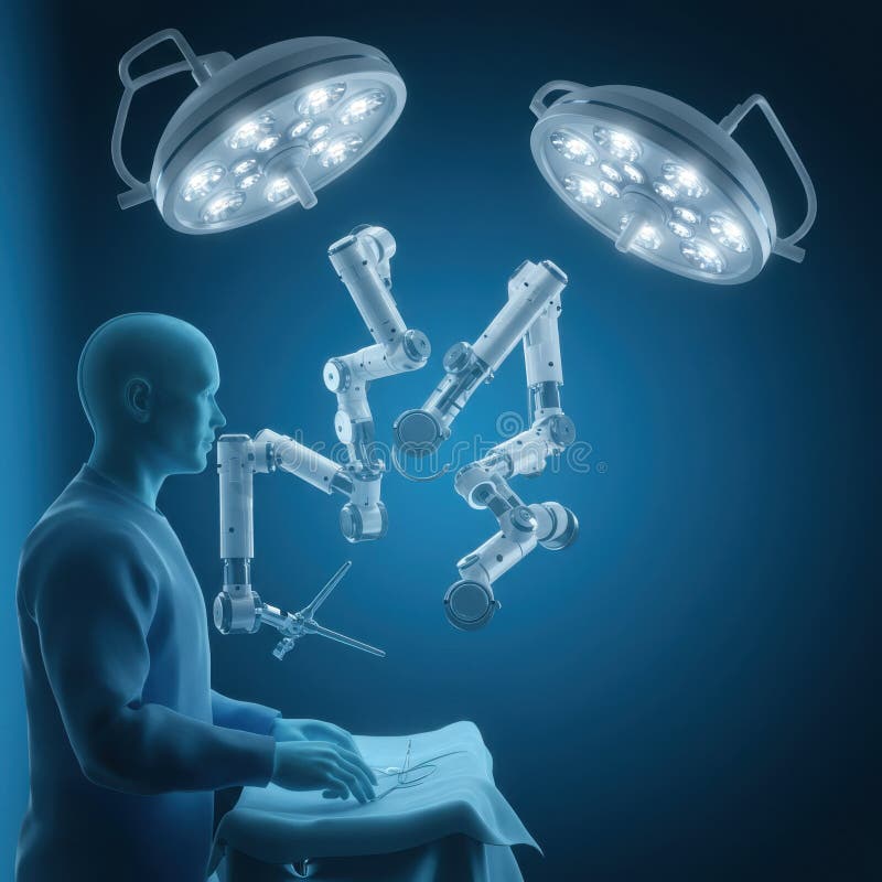 Surgeon Operating Robotic Surgical Equipment in a Dark Blue Operating ...