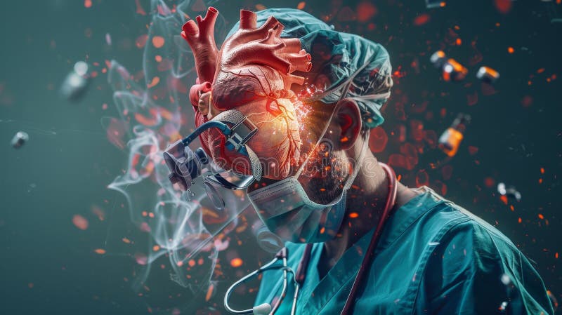 Surgeon in Scrubs Head Exploding into an Anatomical Heart and ...