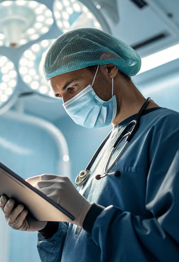Surgeon Man with a Tablet in the Operating Room Stock Illustration ...