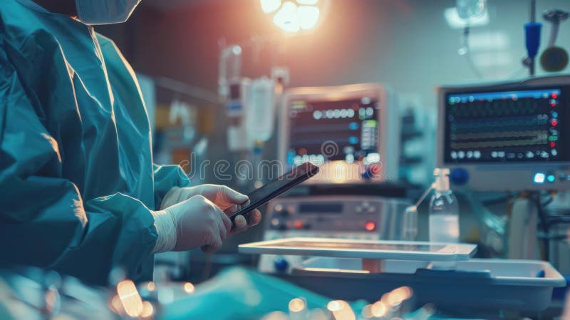 Surgeon Using a Mobile Device in a Medical Operating Room during a ...