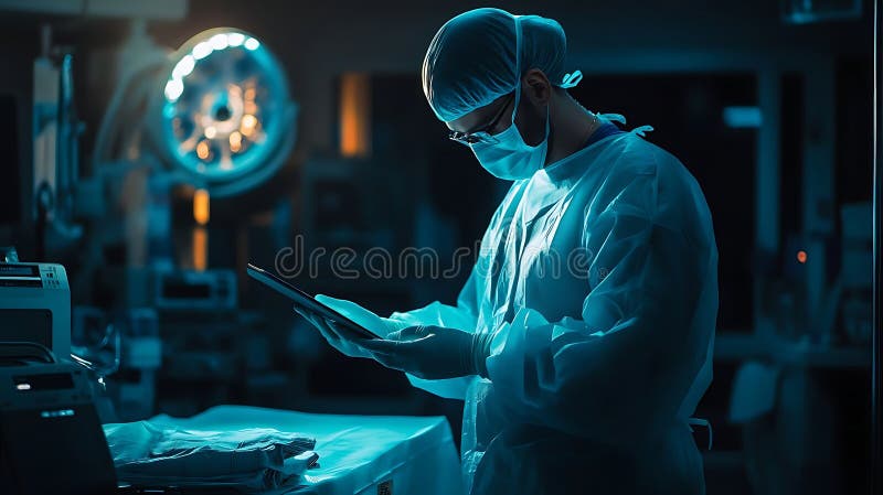 Surgeon Using Tablet in Modern Operating Room with High-Contrast ...