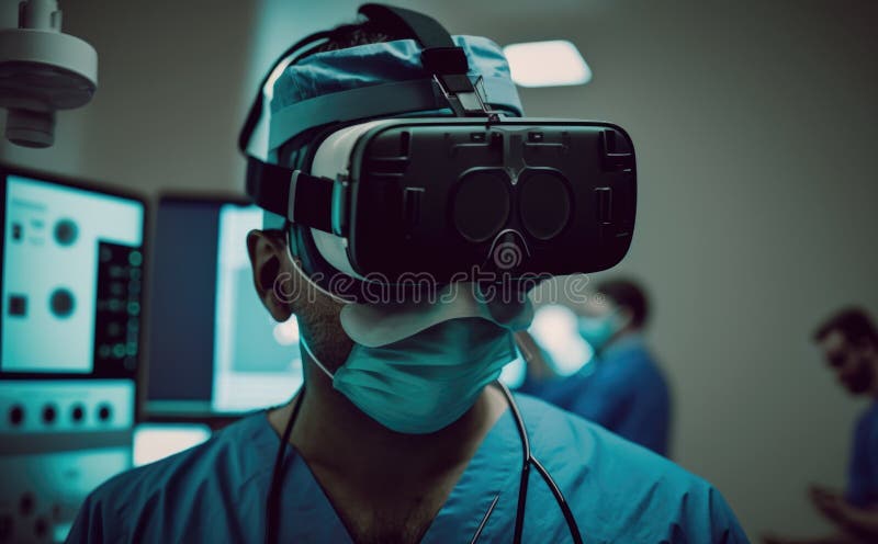 Surgeon Wearing an VR Headset Inside an Operating Room. Futuristic ...
