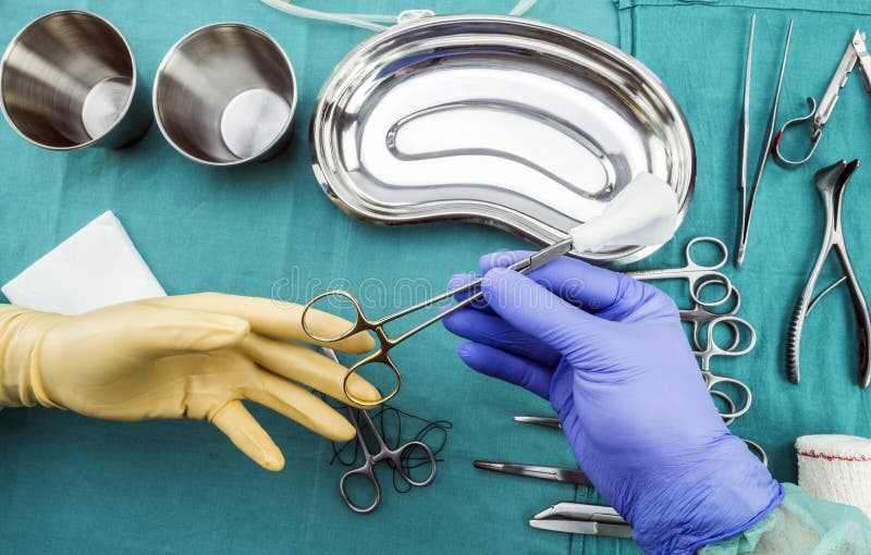 Surgeon Working in Operating Room, Hands with Gloves Holding Scissors ...